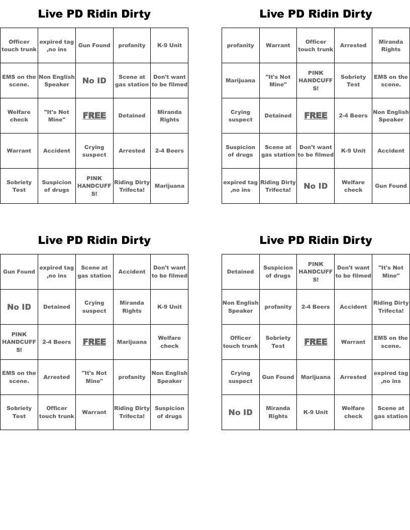 Live PD Ridin Dirty Bingo Cards WordMint