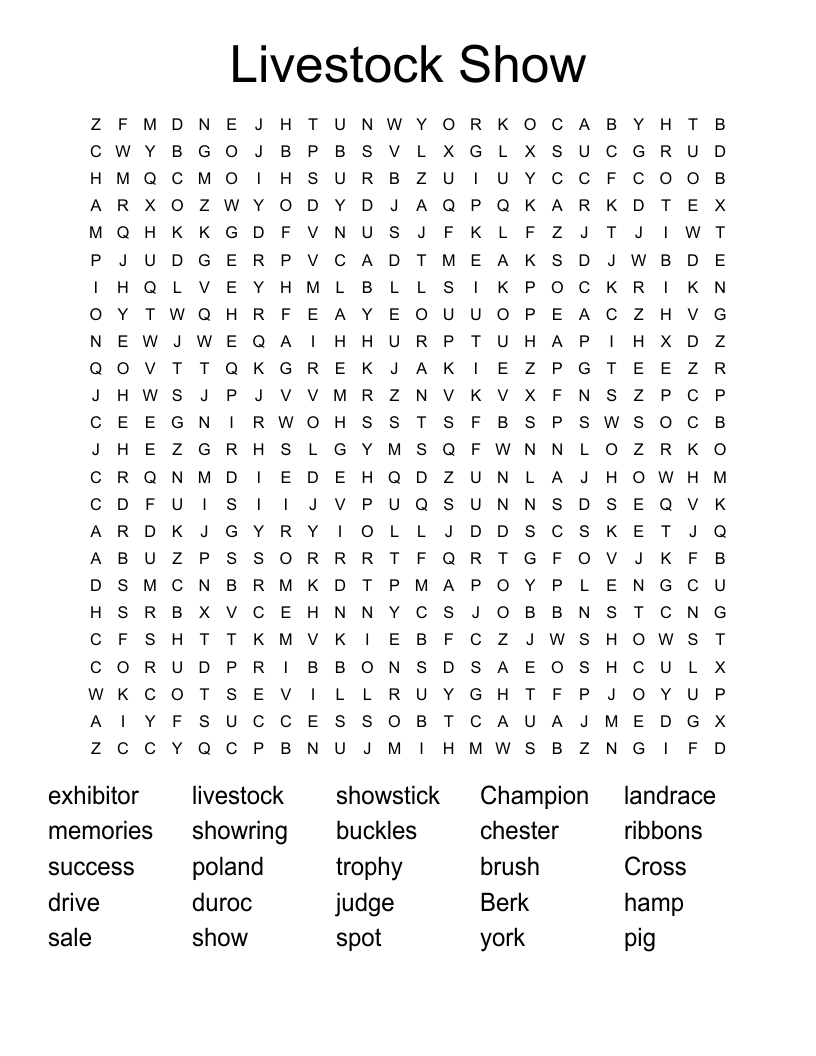 Livestock Show Word Search - WordMint