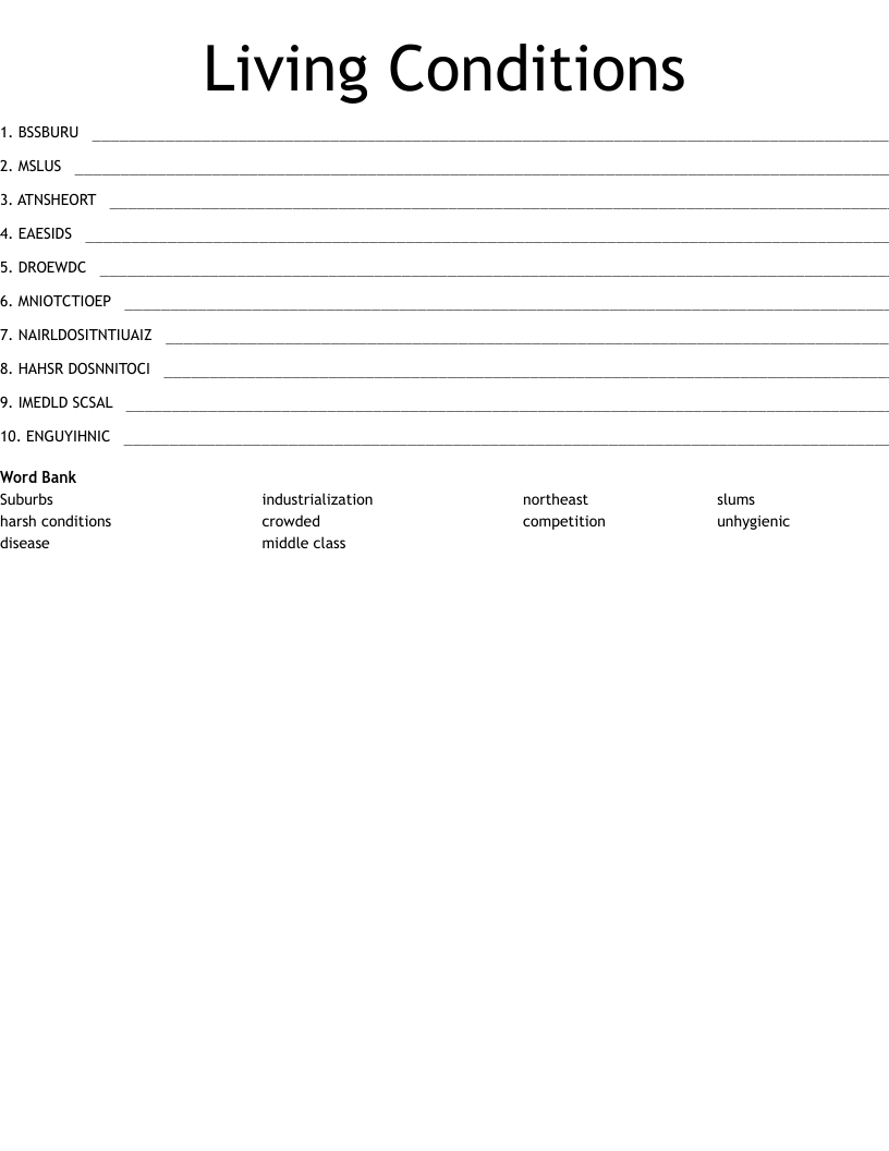 Living Conditions Word Scramble - WordMint