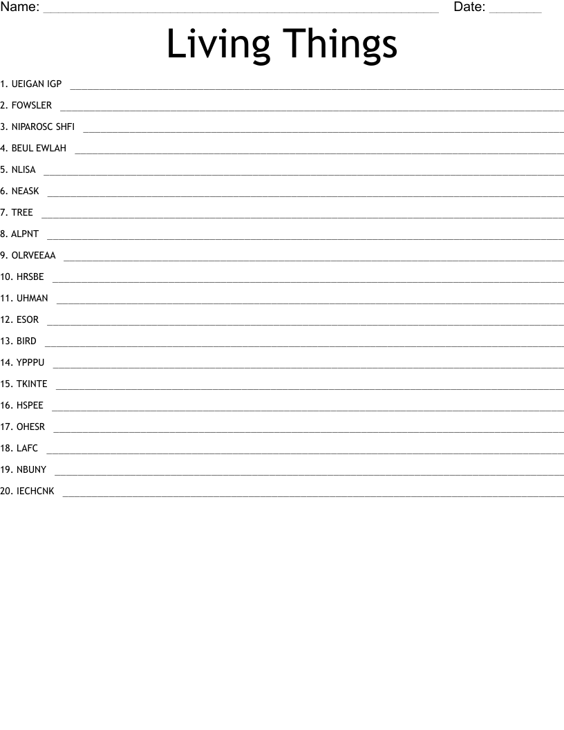 Living Things Word Scramble - WordMint