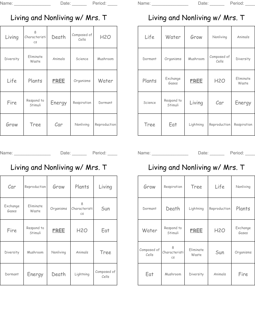 Living and Nonliving w/ Mrs. T Bingo Cards - WordMint