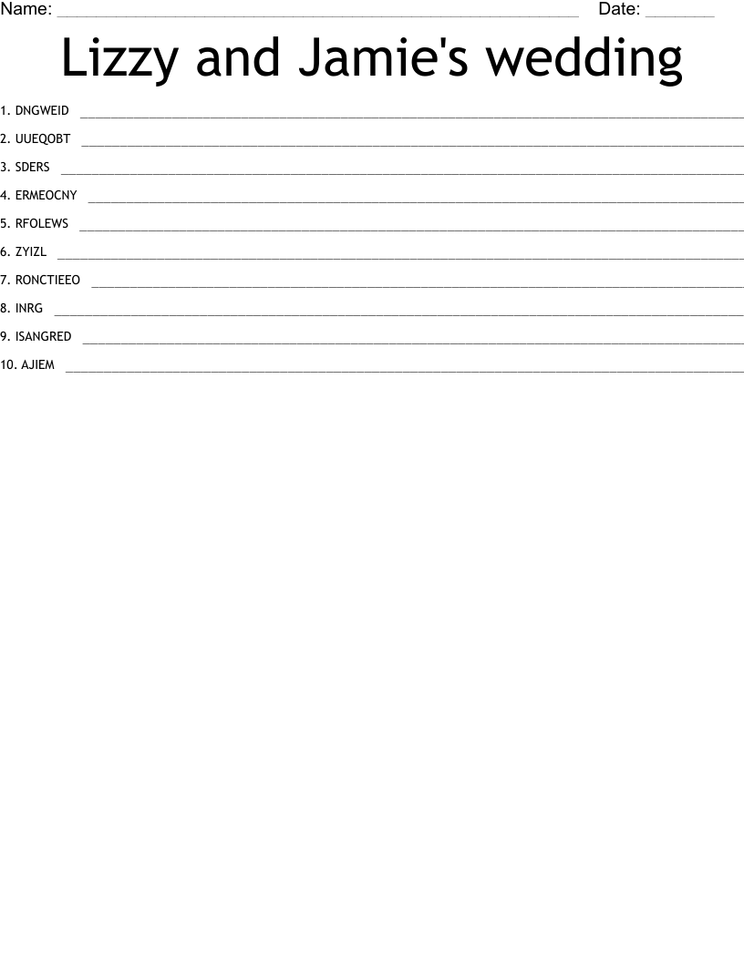 Lizzy and Jamie's wedding Word Scramble - WordMint