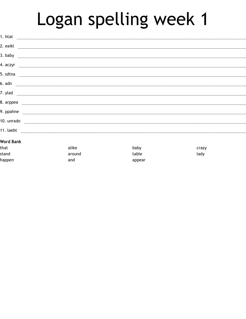 Logan spelling week 1 Word Scramble - WordMint