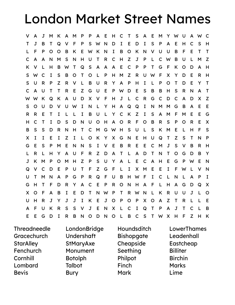 London Market Street Names Word Search - WordMint
