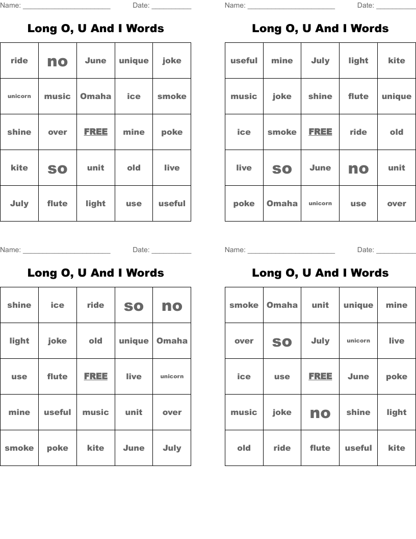 Long O, U And I Words Bingo Cards - WordMint