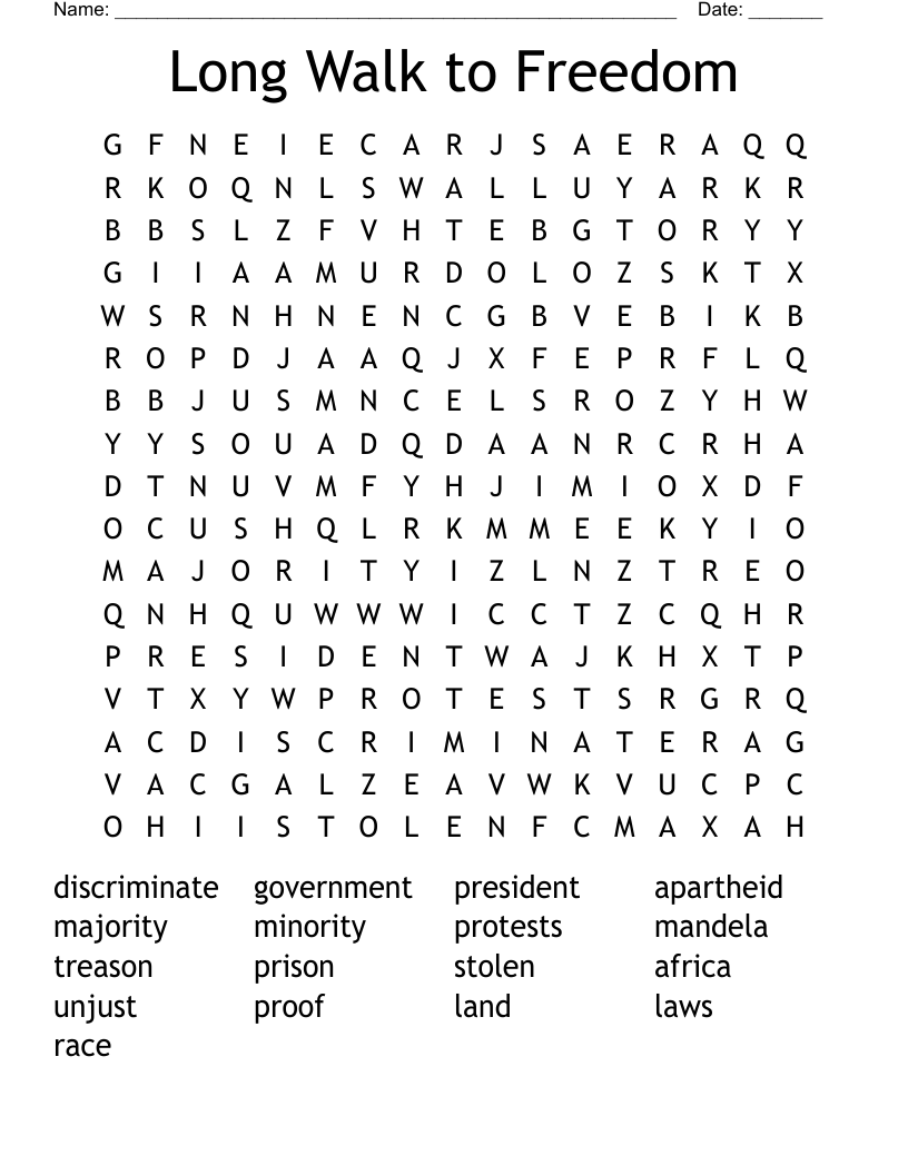 Long Walk to Freedom Word Search - WordMint