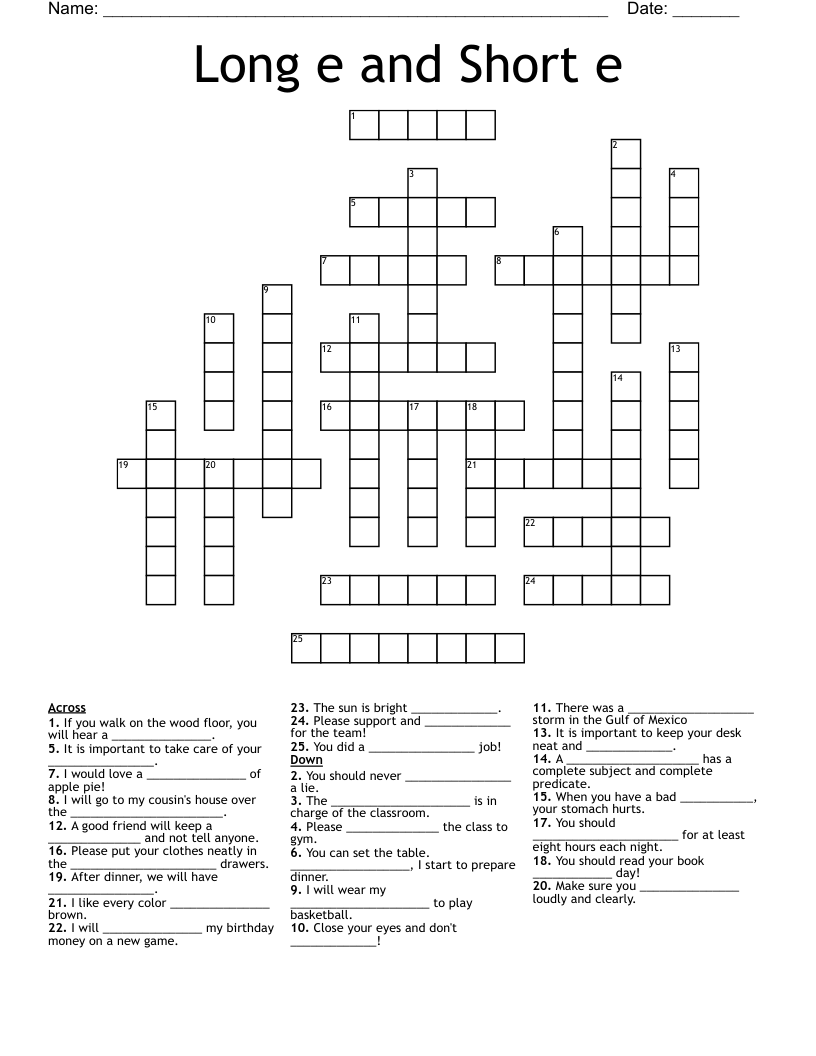 Long e and Short e Crossword - WordMint