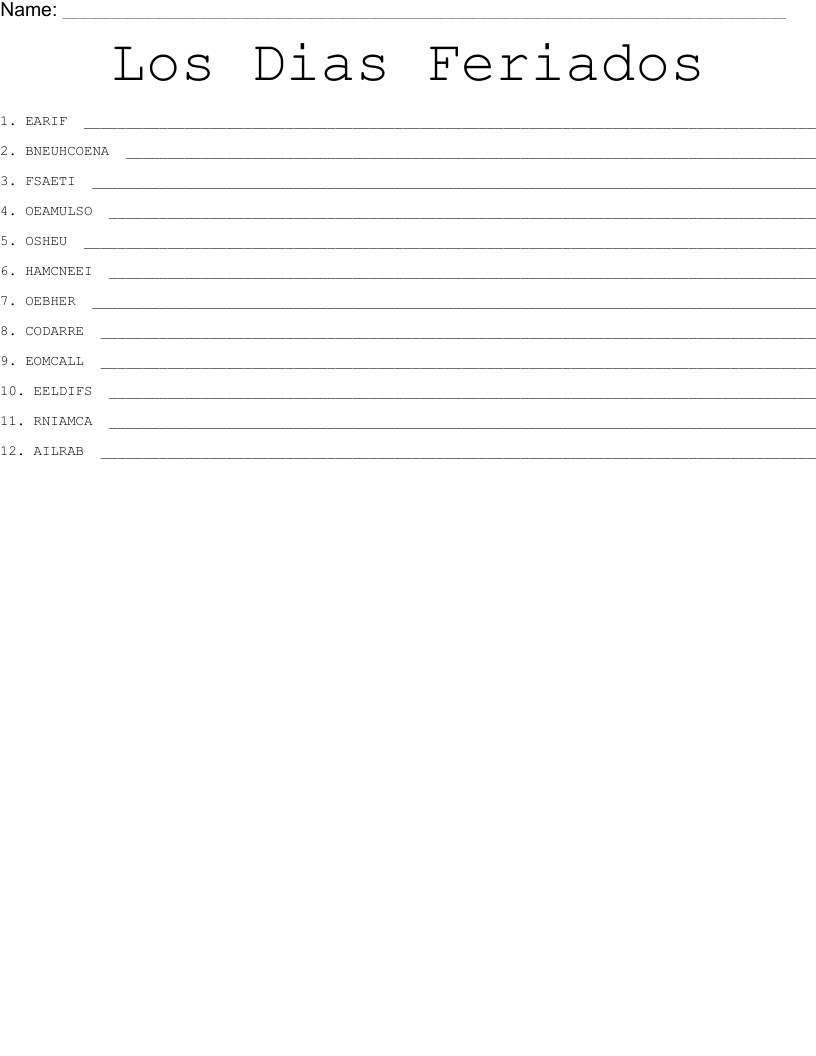 Los Dias Feriados Word Scramble - WordMint