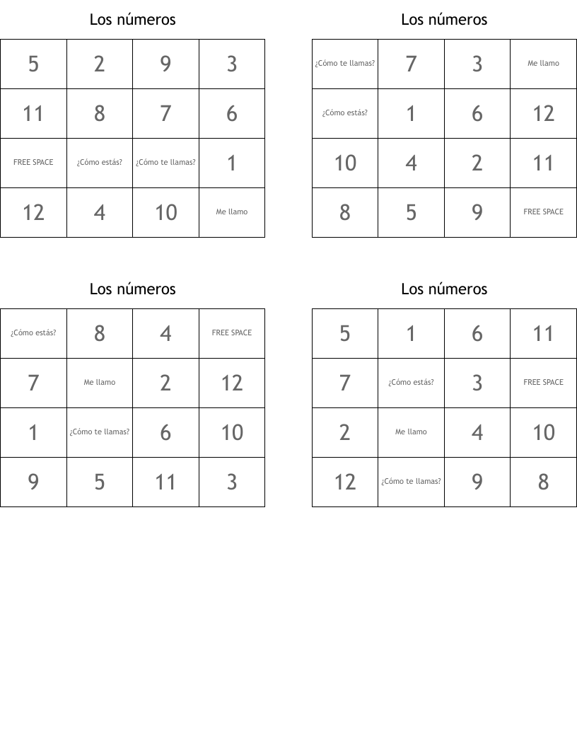 Los números Bingo Cards - WordMint