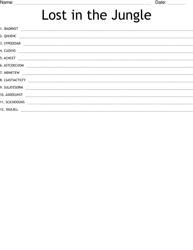 Lost in the Jungle Word Scramble - WordMint