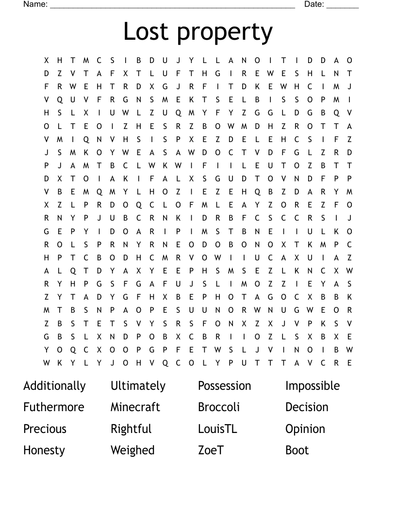 Lost property Word Search - WordMint