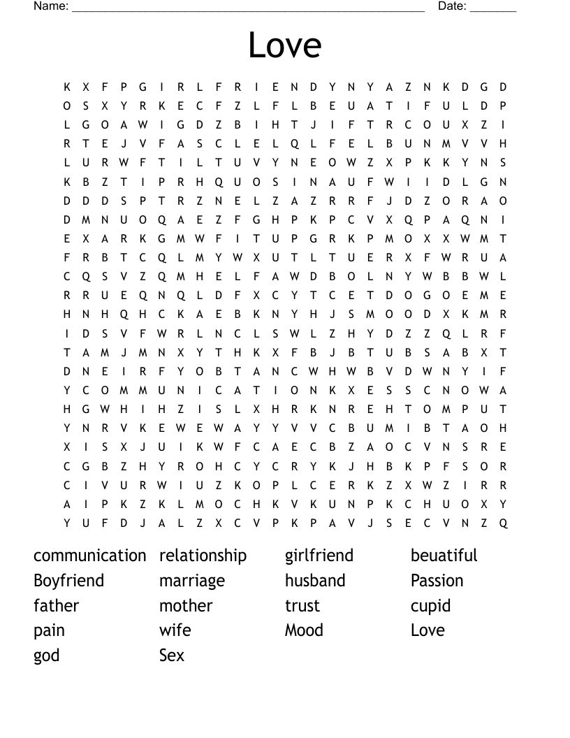 Word Search About Love Printable - Word Search Maker