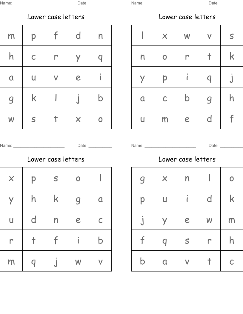 Lower case letters Bingo Cards - WordMint