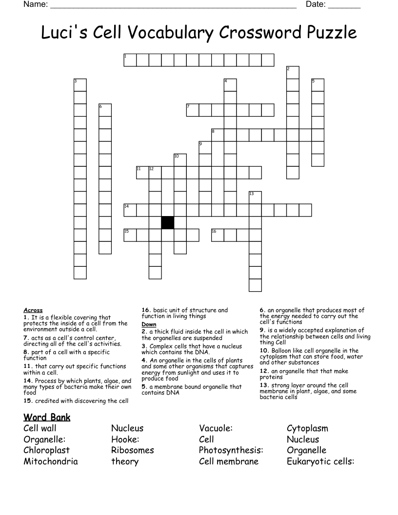Luci's Cell Vocabulary Crossword Puzzle - WordMint