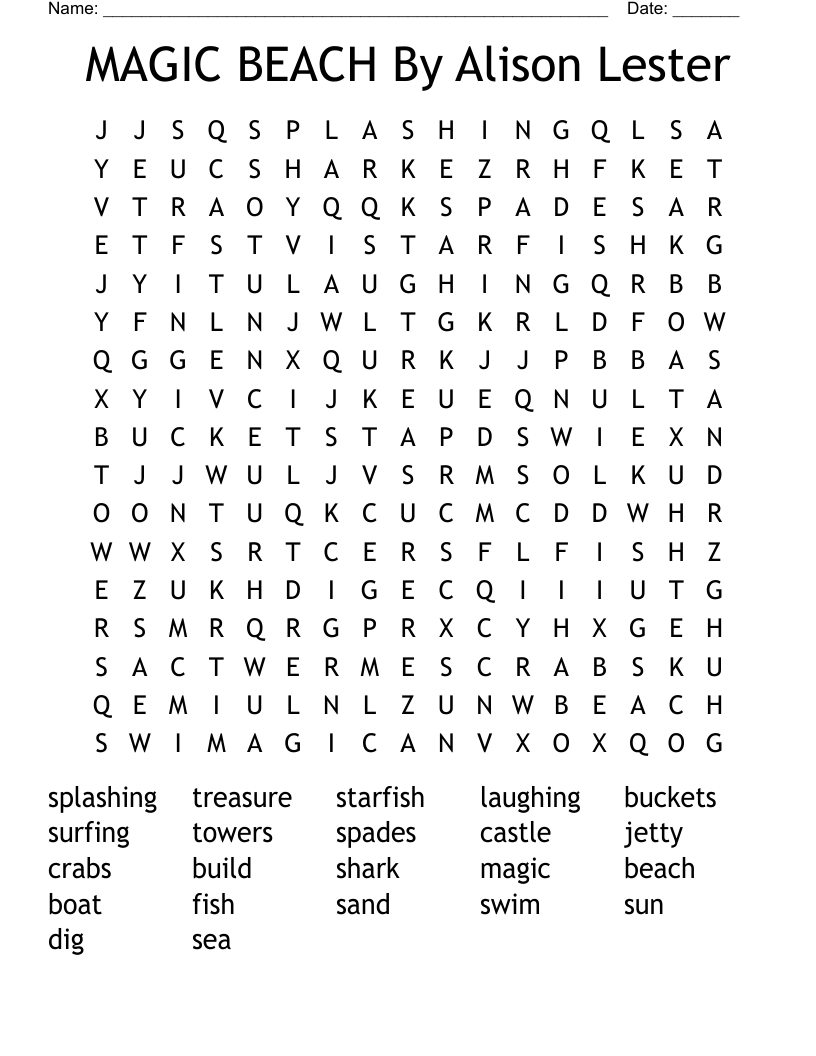 MAGIC BEACH By Alison Lester Word Search - WordMint