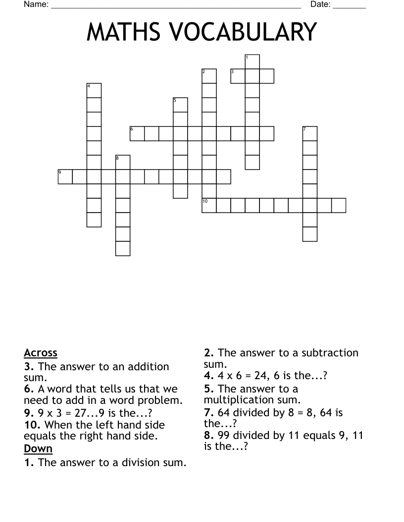 MATHS VOCABULARY Crossword WordMint
