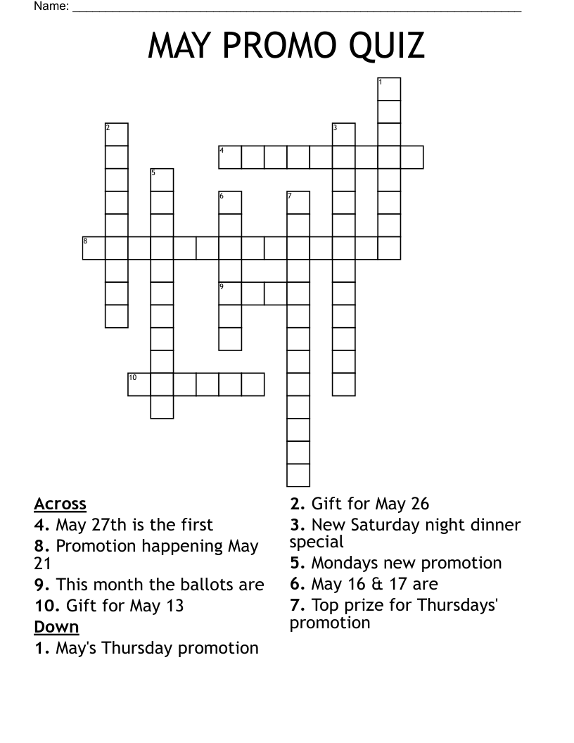 MAY PROMO QUIZ Crossword - WordMint