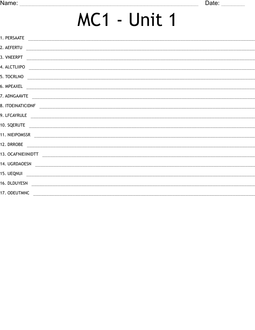 MC1 - Unit 1 Word Scramble - WordMint
