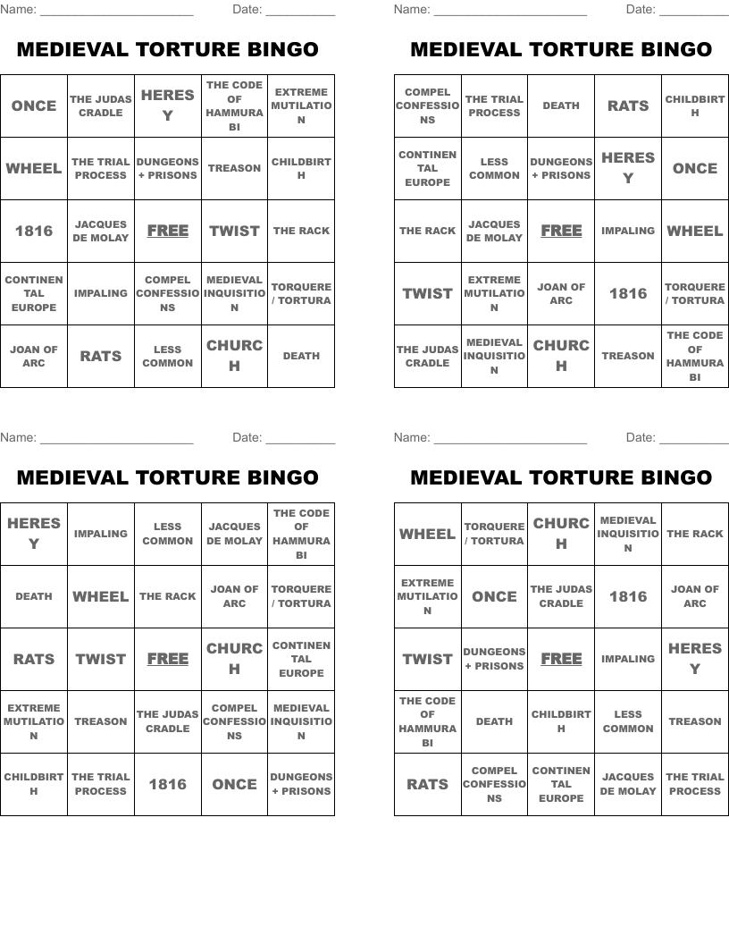 MEDIEVAL TORTURE BINGO - WordMint