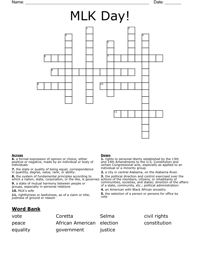 MLK Day! Crossword - WordMint
