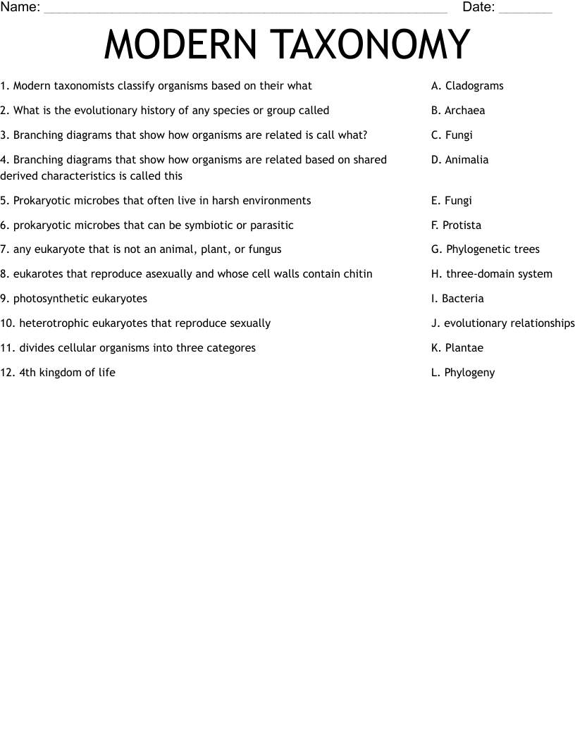 MODERN TAXONOMY Worksheet WordMint