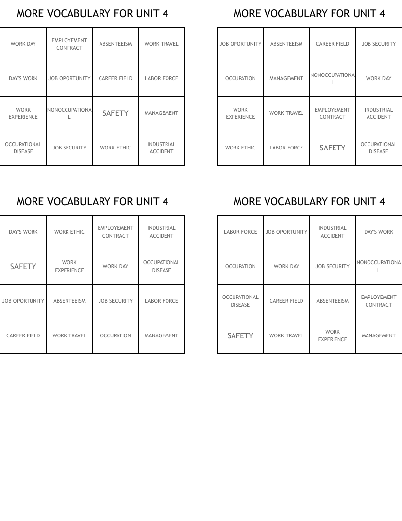 MORE VOCABULARY FOR UNIT 4 Bingo Cards - WordMint