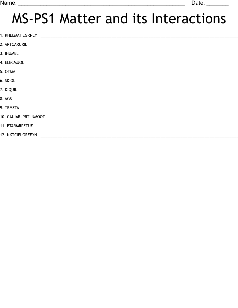 MS-PS1 Matter and its Interactions Word Scramble - WordMint