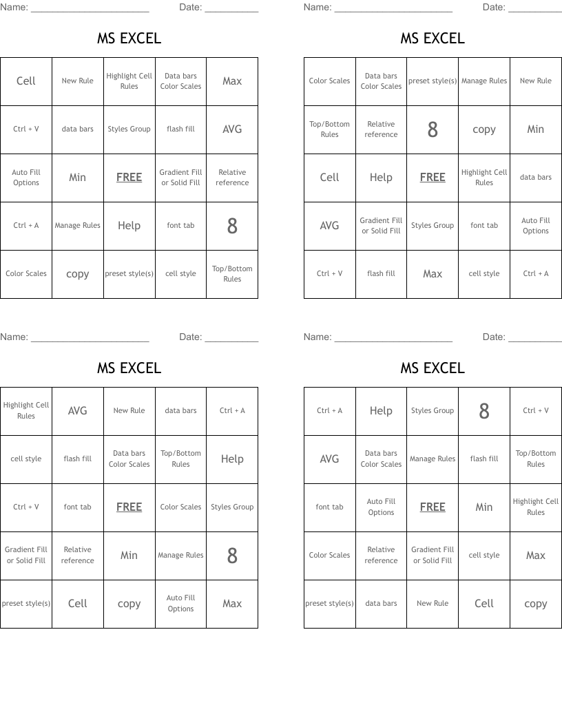 MS EXCEL Bingo Cards WordMint