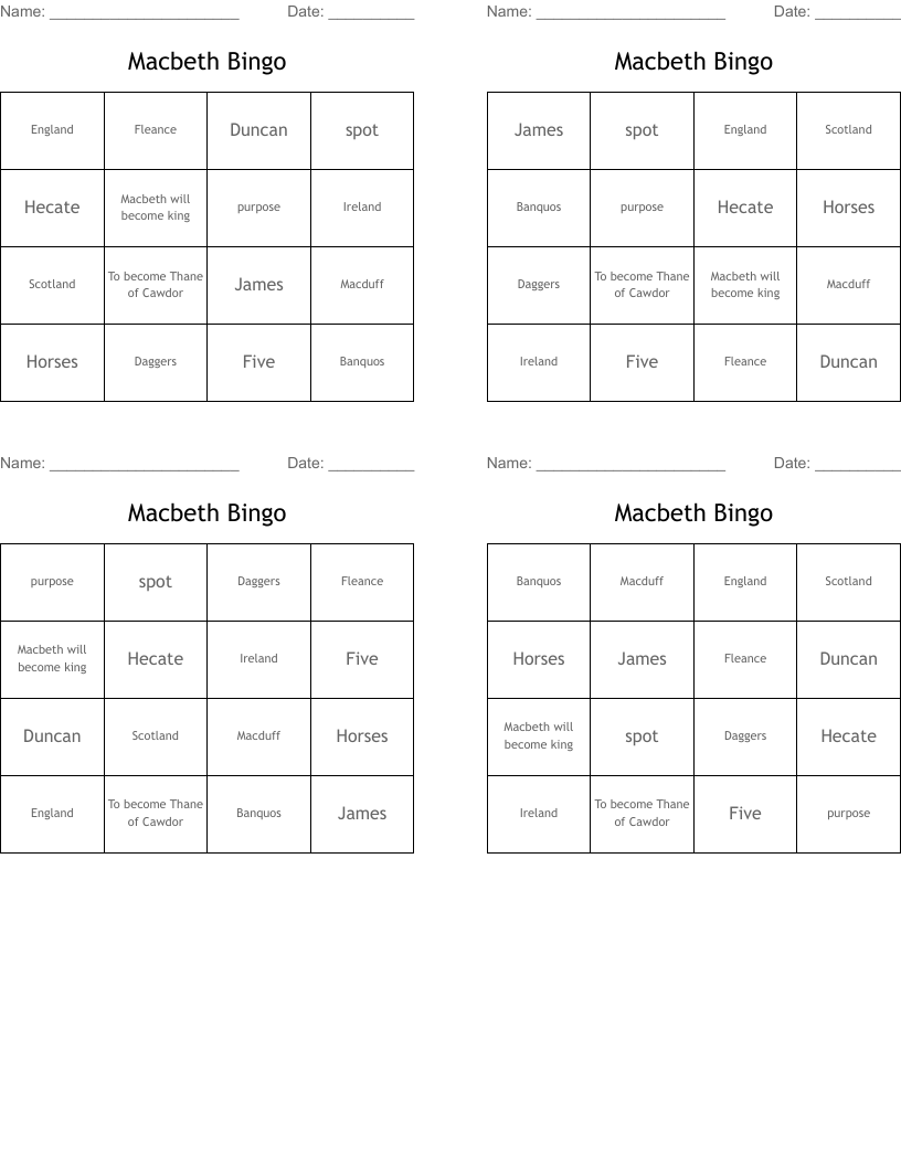 Macbeth Bingo - WordMint