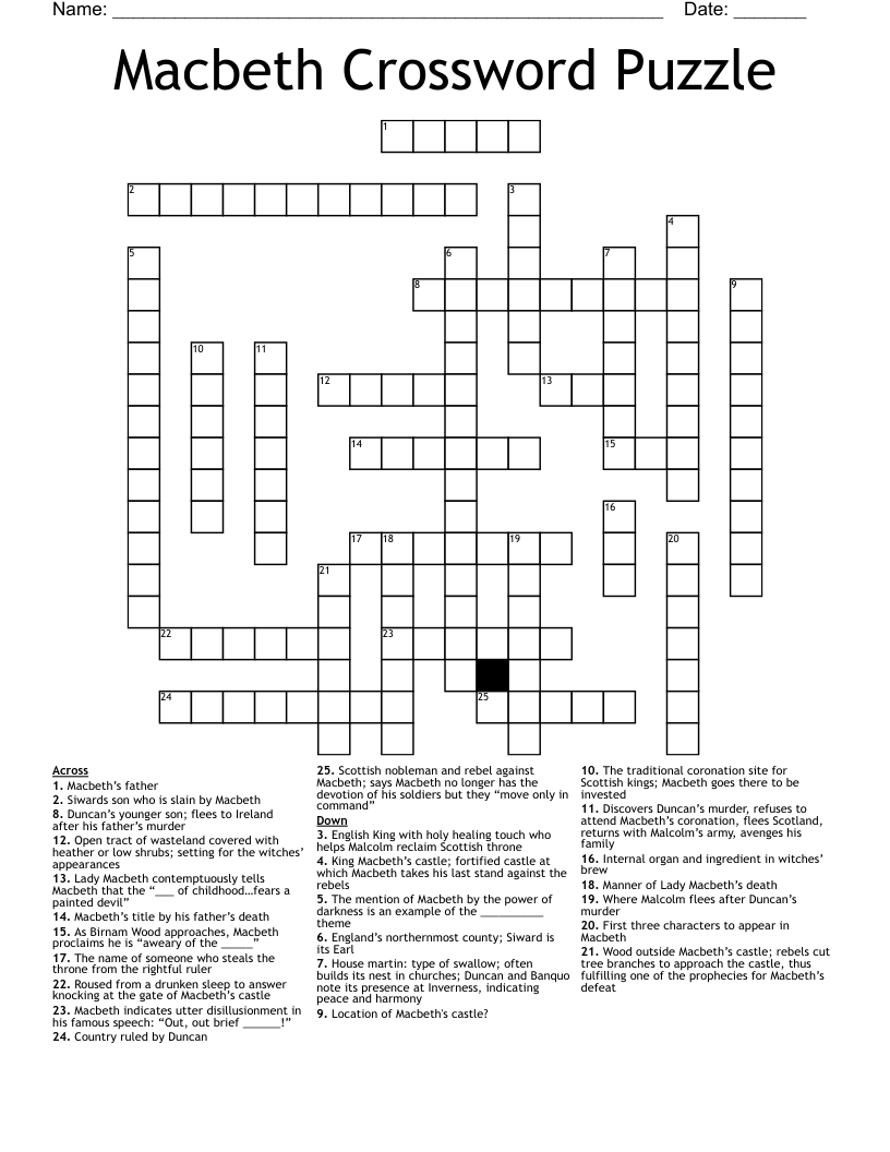 Macbeth Crossword Puzzle - WordMint