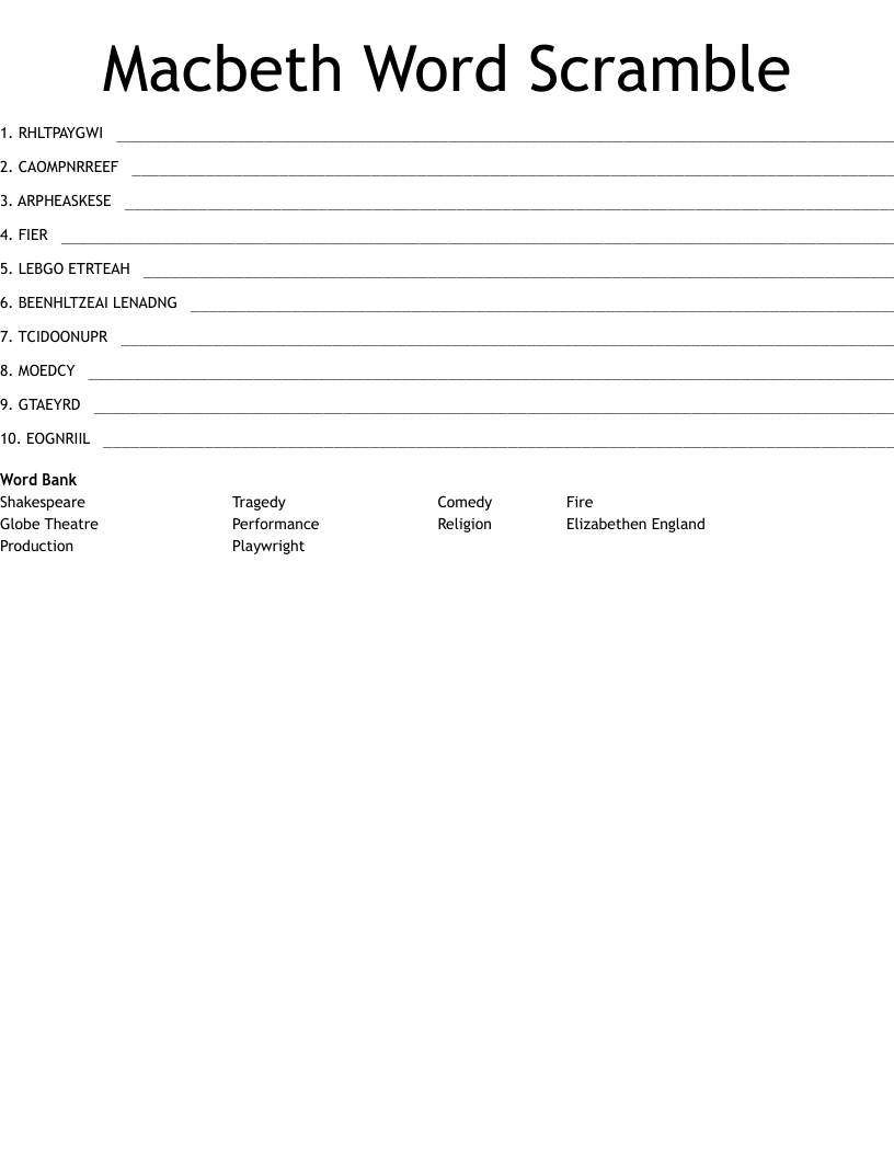 Macbeth Word Scramble - WordMint