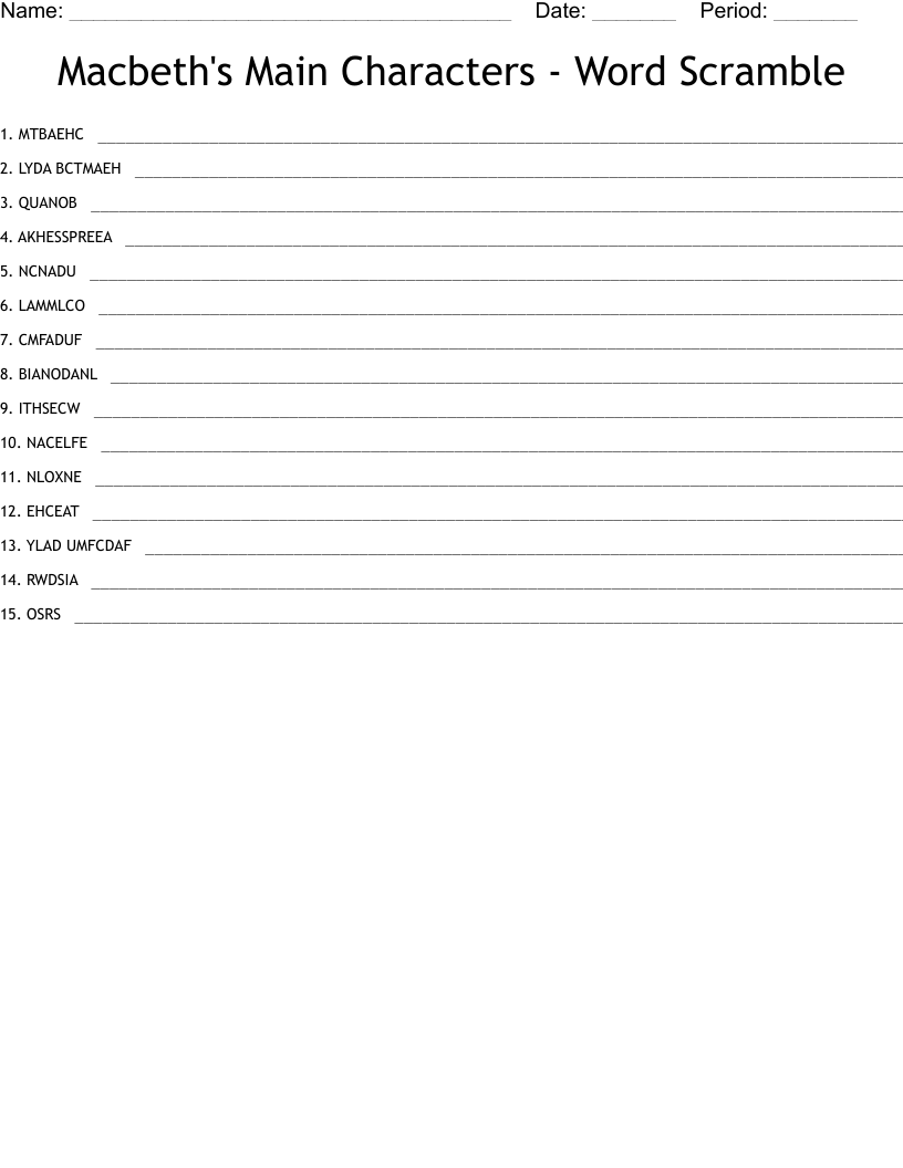 Macbeth's Main Characters - Word Scramble - WordMint