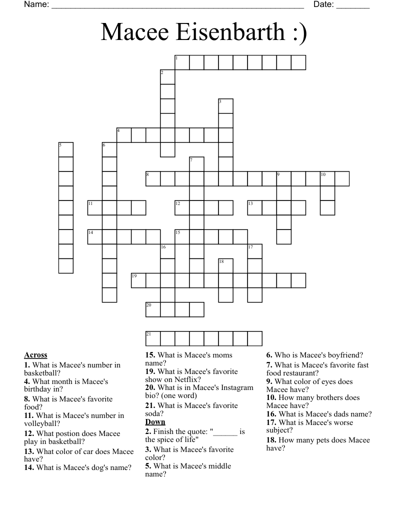 Macee Eisenbarth :) Crossword - WordMint