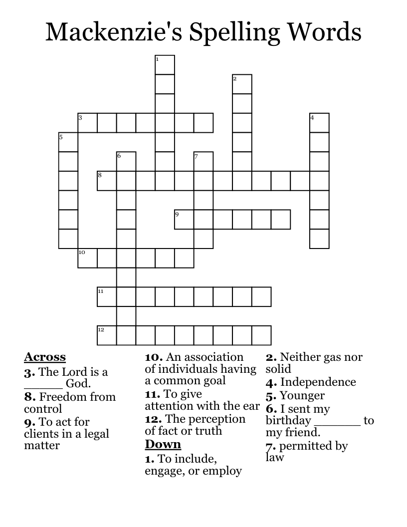 Mackenzie's Spelling Words Crossword - WordMint