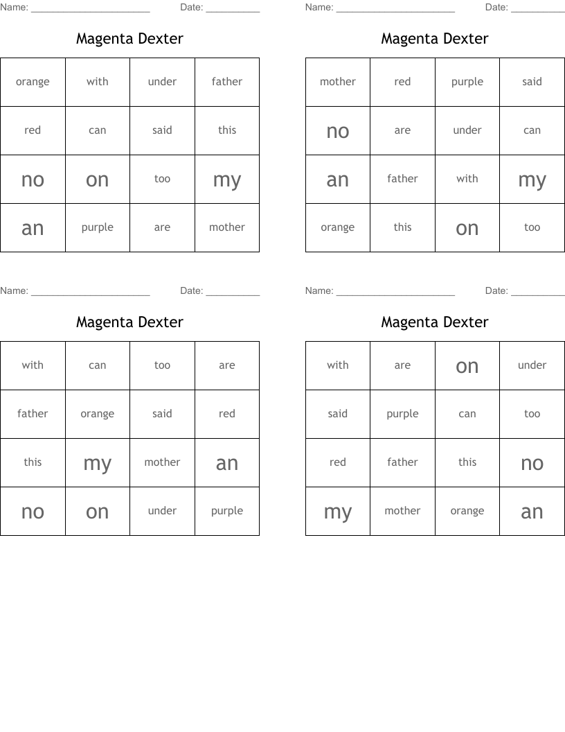 Magenta Dexter Bingo Cards - WordMint