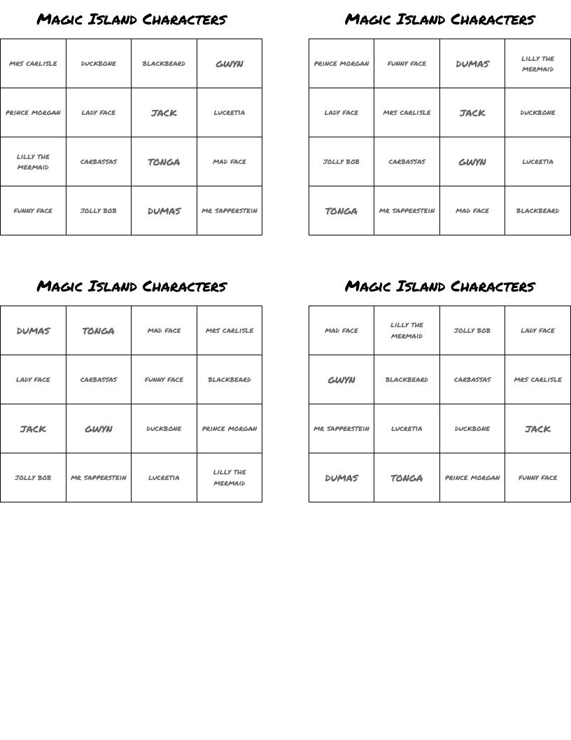 Magic Island Characters Bingo Cards - WordMint