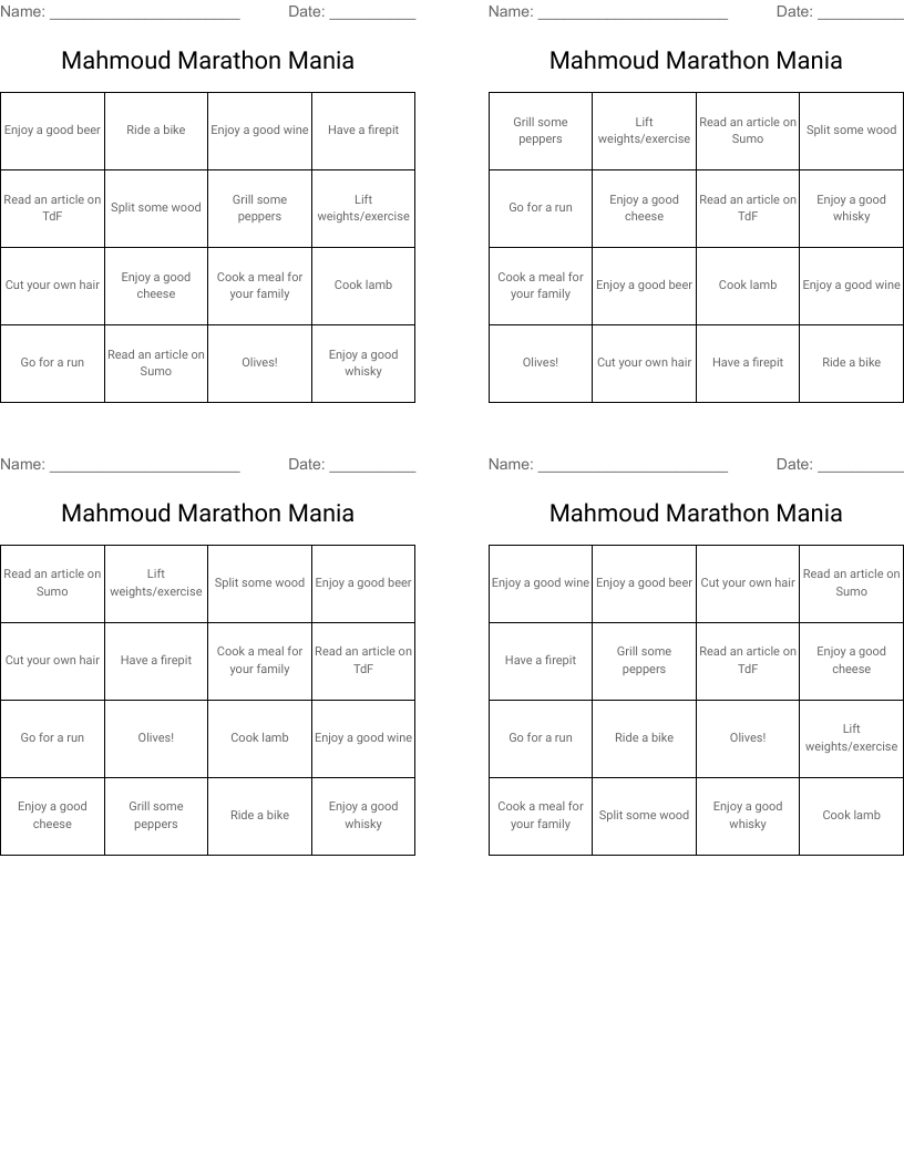 Mahmoud Marathon Mania Bingo Cards - WordMint