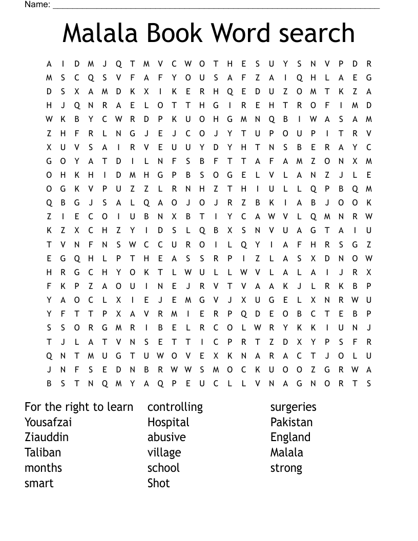 Malala Book Word search - WordMint