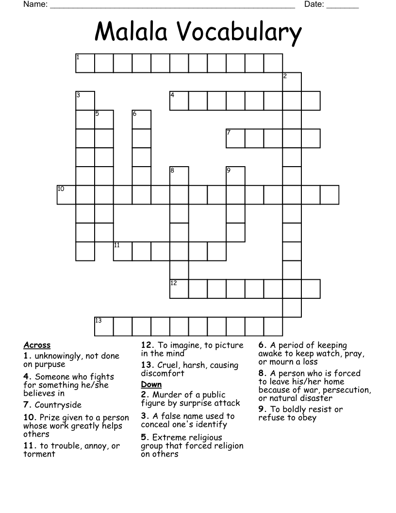 Malala Vocabulary Crossword - WordMint
