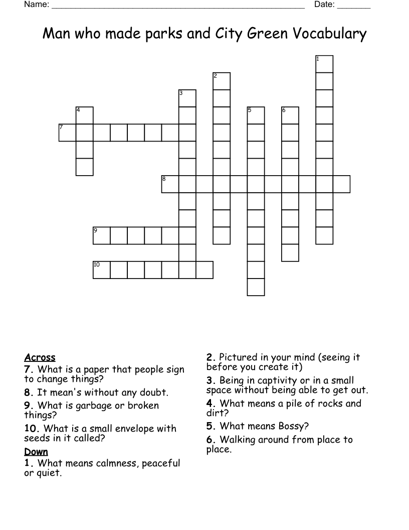 Man who made parks and City Green Vocabulary Crossword - WordMint