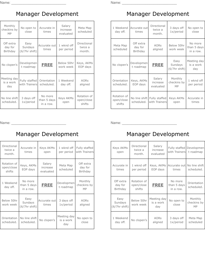 Manager Development Bingo Cards - WordMint