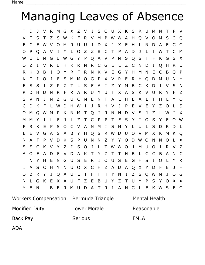 Managing Leaves of Absence Word Search - WordMint