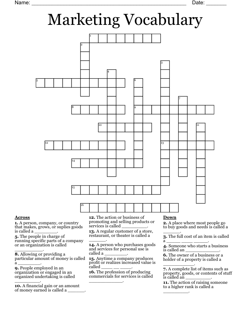 Marketing Vocabulary Crossword - WordMint