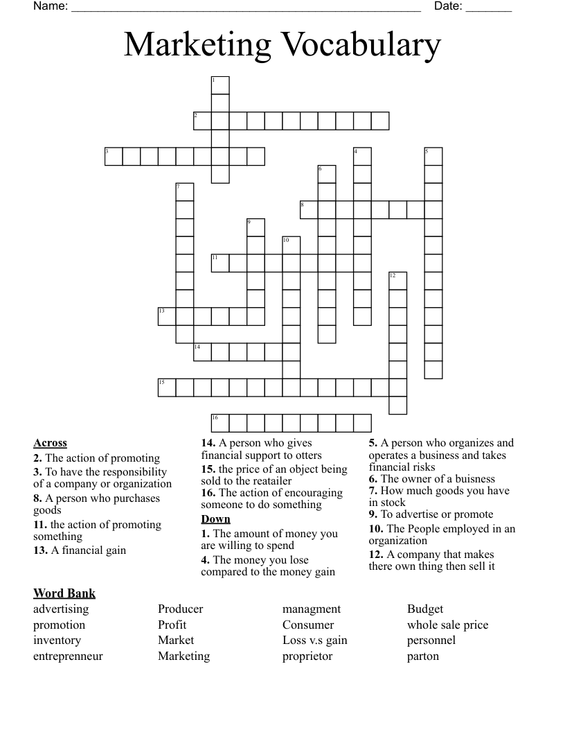 Marketing Vocabulary Crossword - WordMint