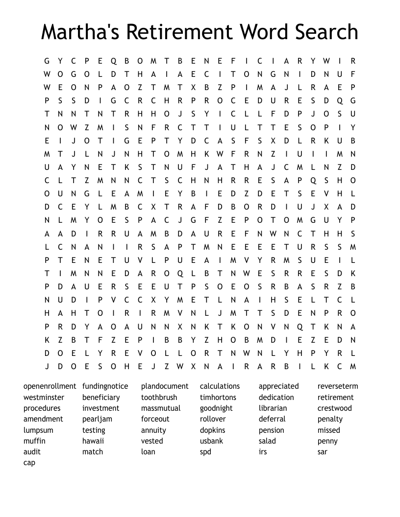 Martha's Retirement Word Search - WordMint