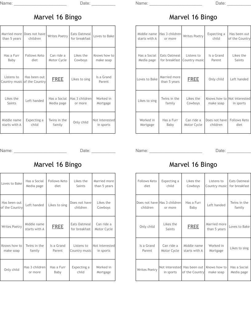 Marvel 16 Bingo - WordMint