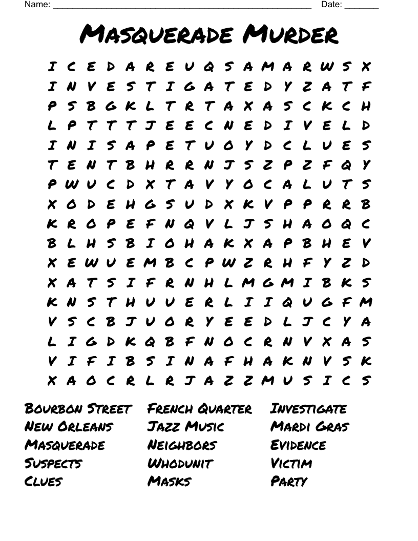 Masquerade Murder Word Search - WordMint