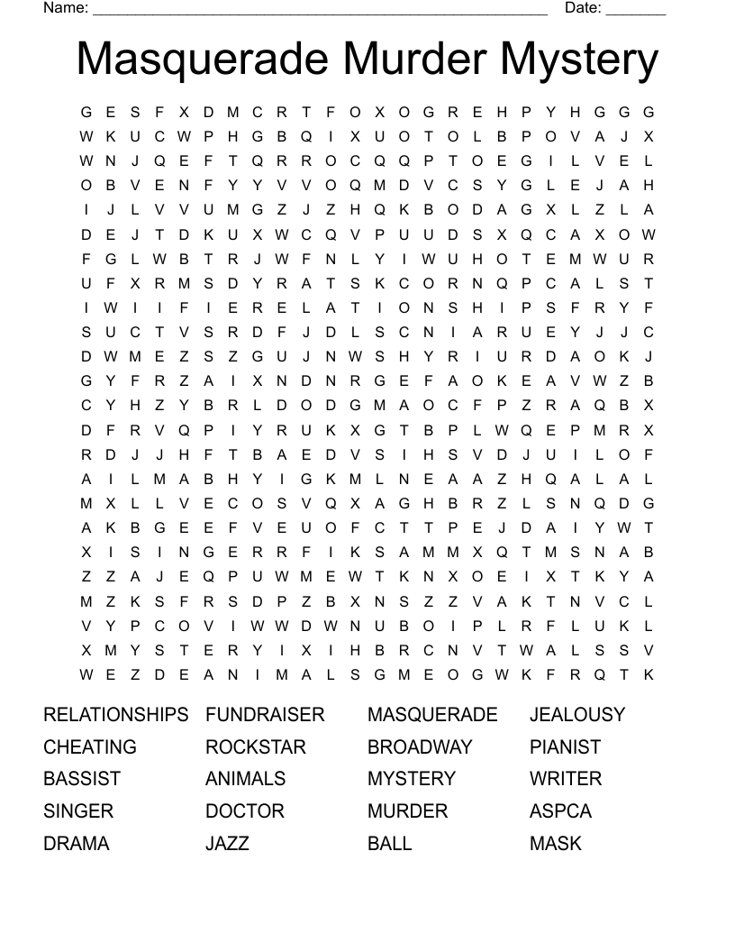Masquerade Murder Mystery Word Search - WordMint