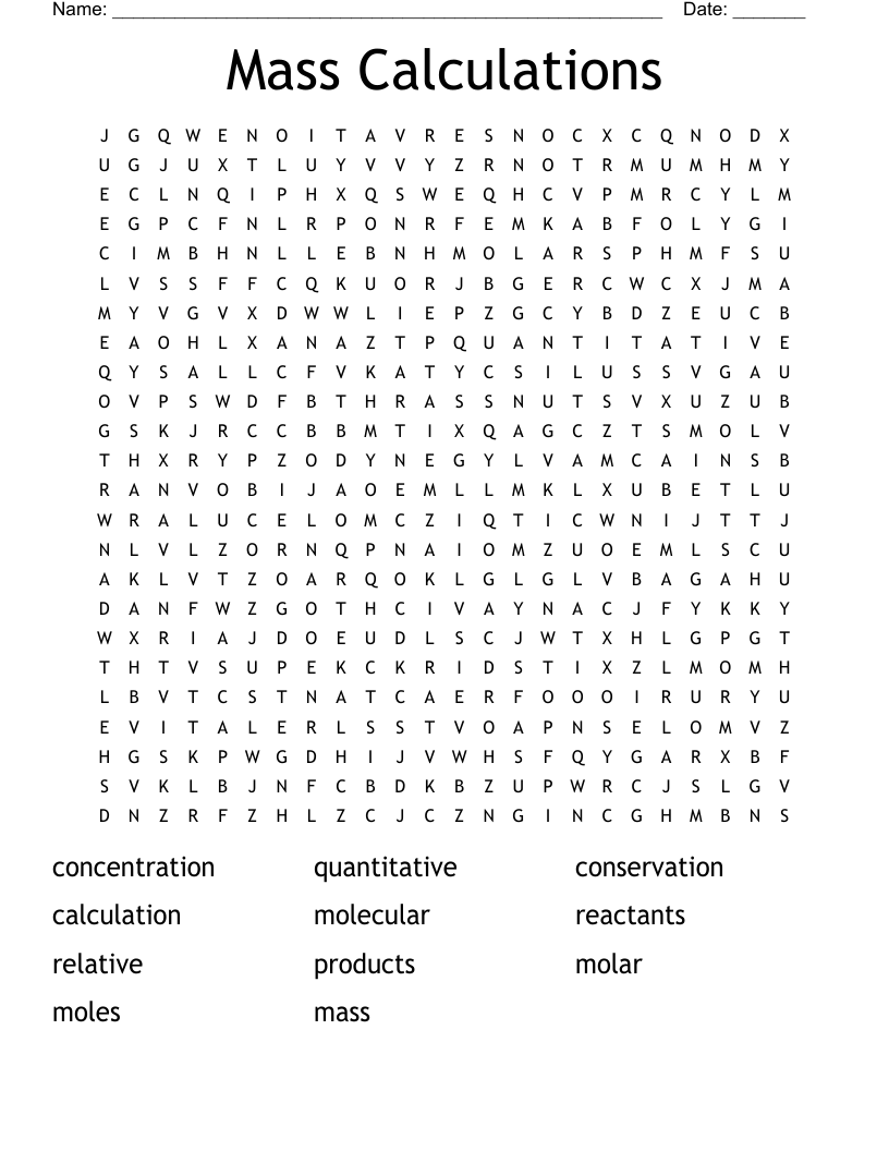 Mass Calculations Word Search - WordMint