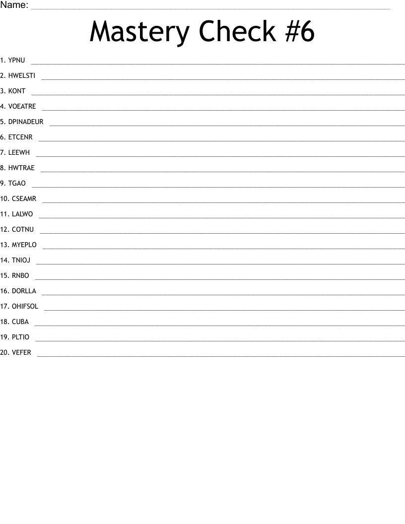 Mastery Check #6 Word Scramble - WordMint